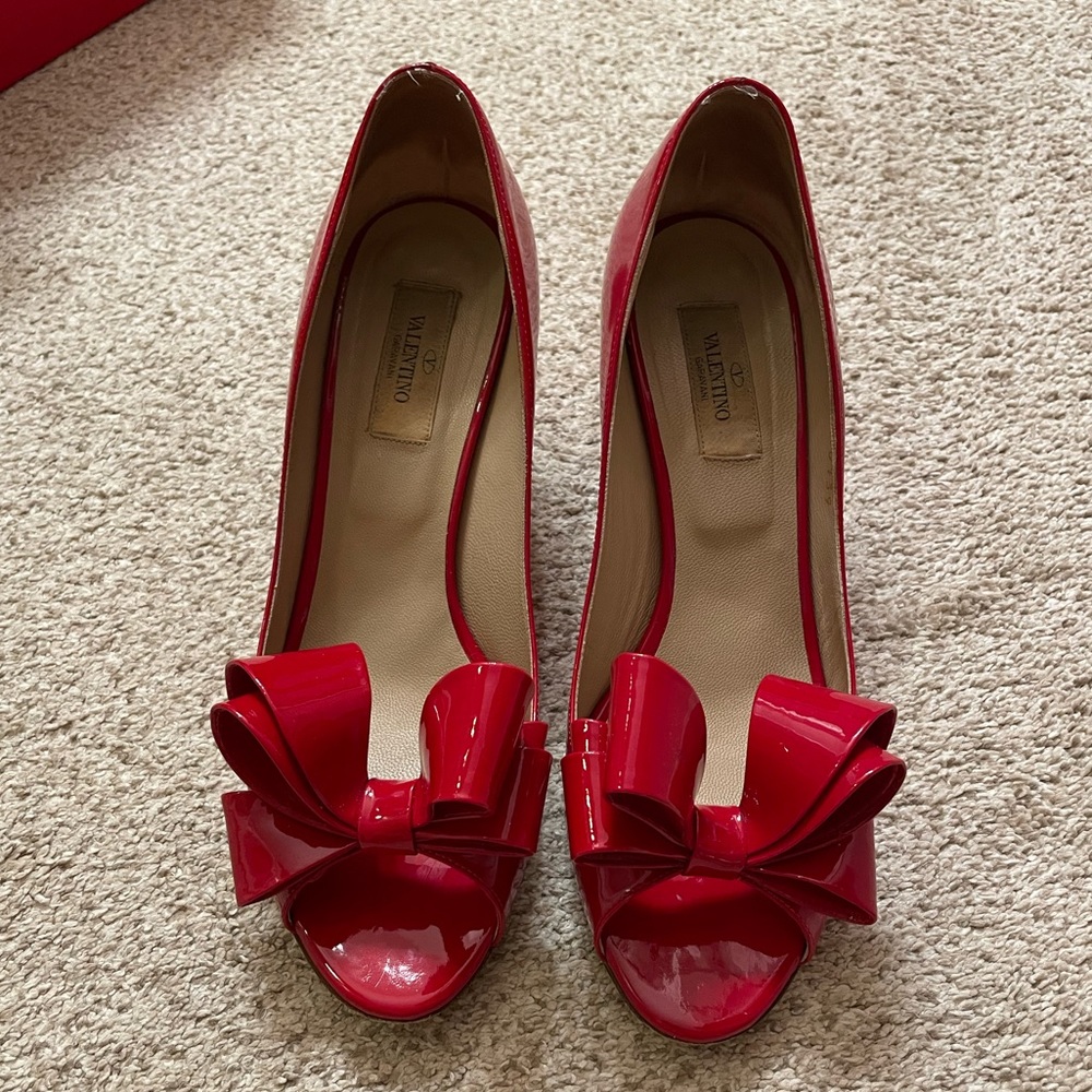 Valentino D’orsay Red Patent Leather Bow Pumps Kitten… - Gem